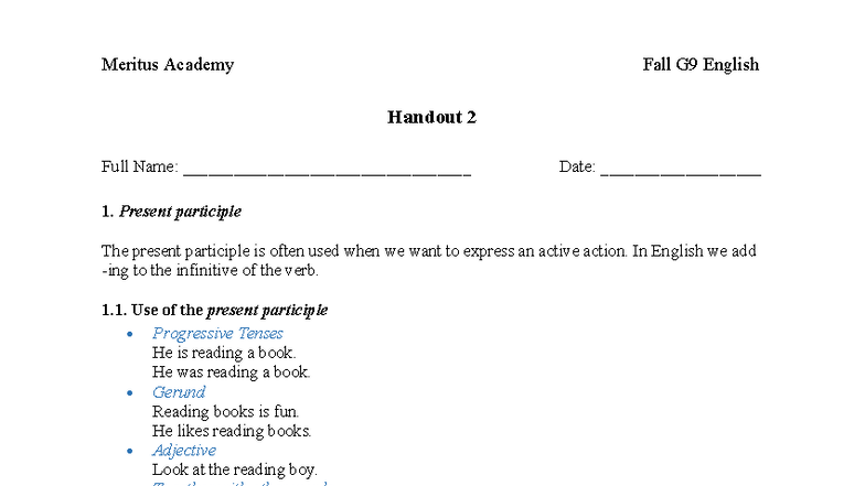 Meritus Academy Fall G9 English Handout 2: Verb Forms & The Kite Runner ...