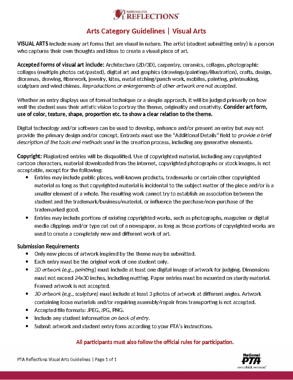 PTA Reflections Visual Arts Guidelines: Submission Requirements - Studocu
