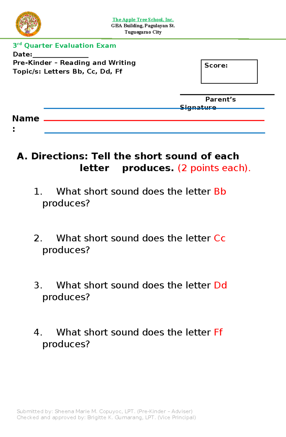 3rd Quarter Evaluation Exam: Reading, Writing, and Science Activities ...