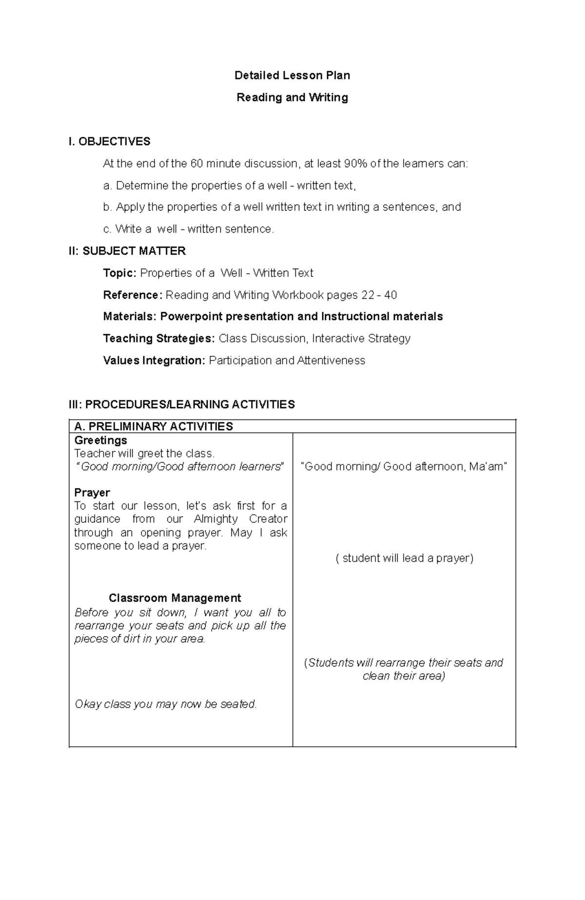 Properties of a Well-Written Text: Detailed Lesson Plan for Reading ...