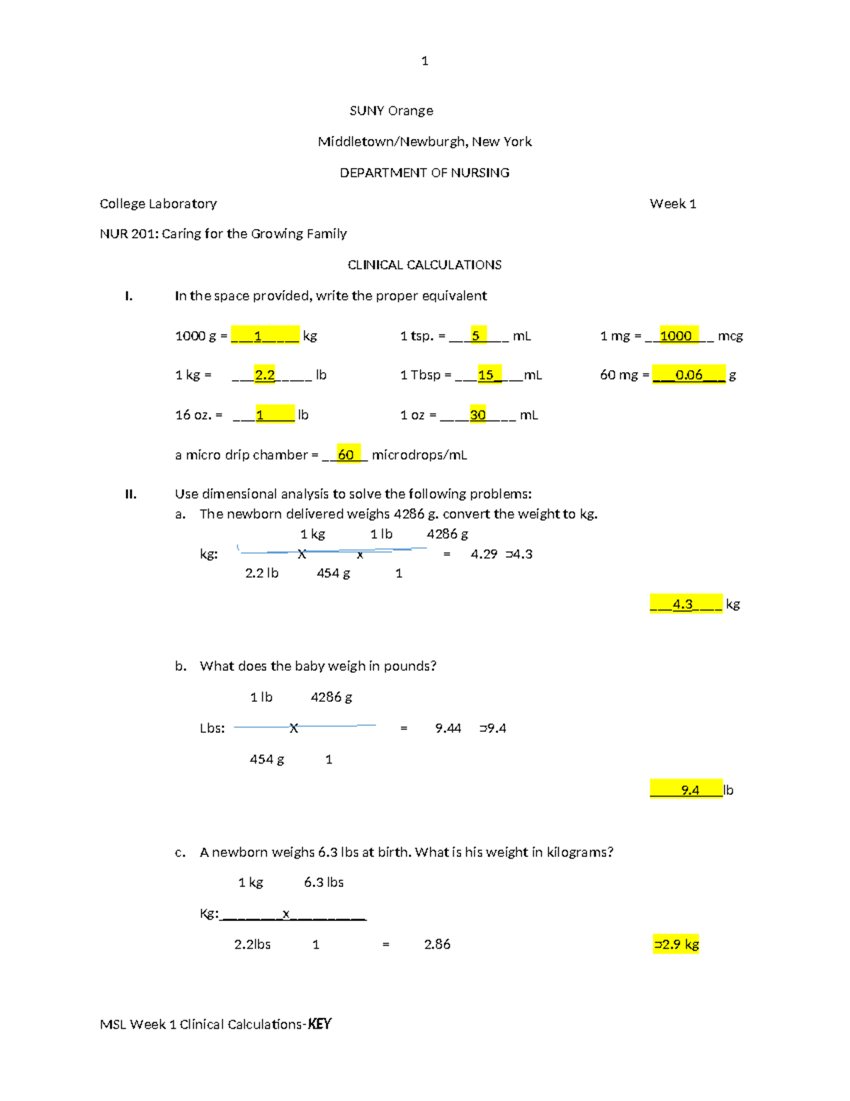 MSL NUR 201 Week 1 Clinical Calculations Practice Exam - Studocu