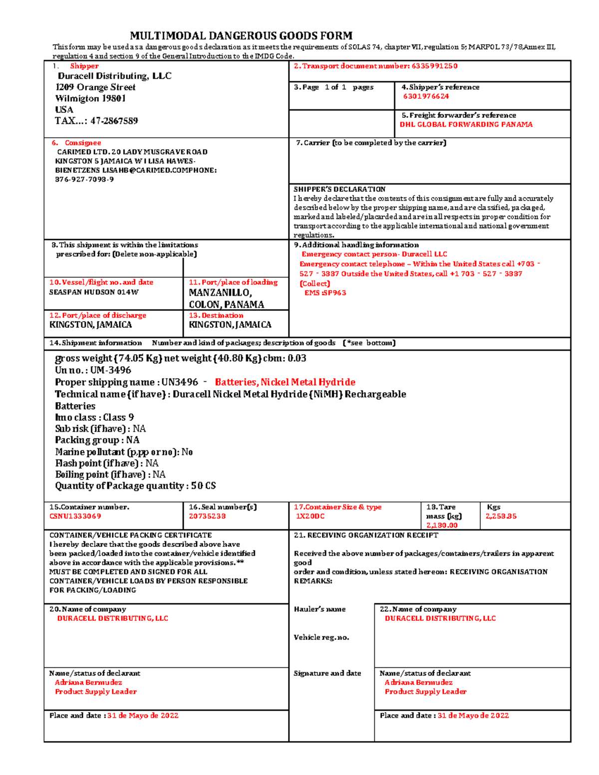 Multimodal Dangerous Goods Declaration - Form 6335991250 - Studocu