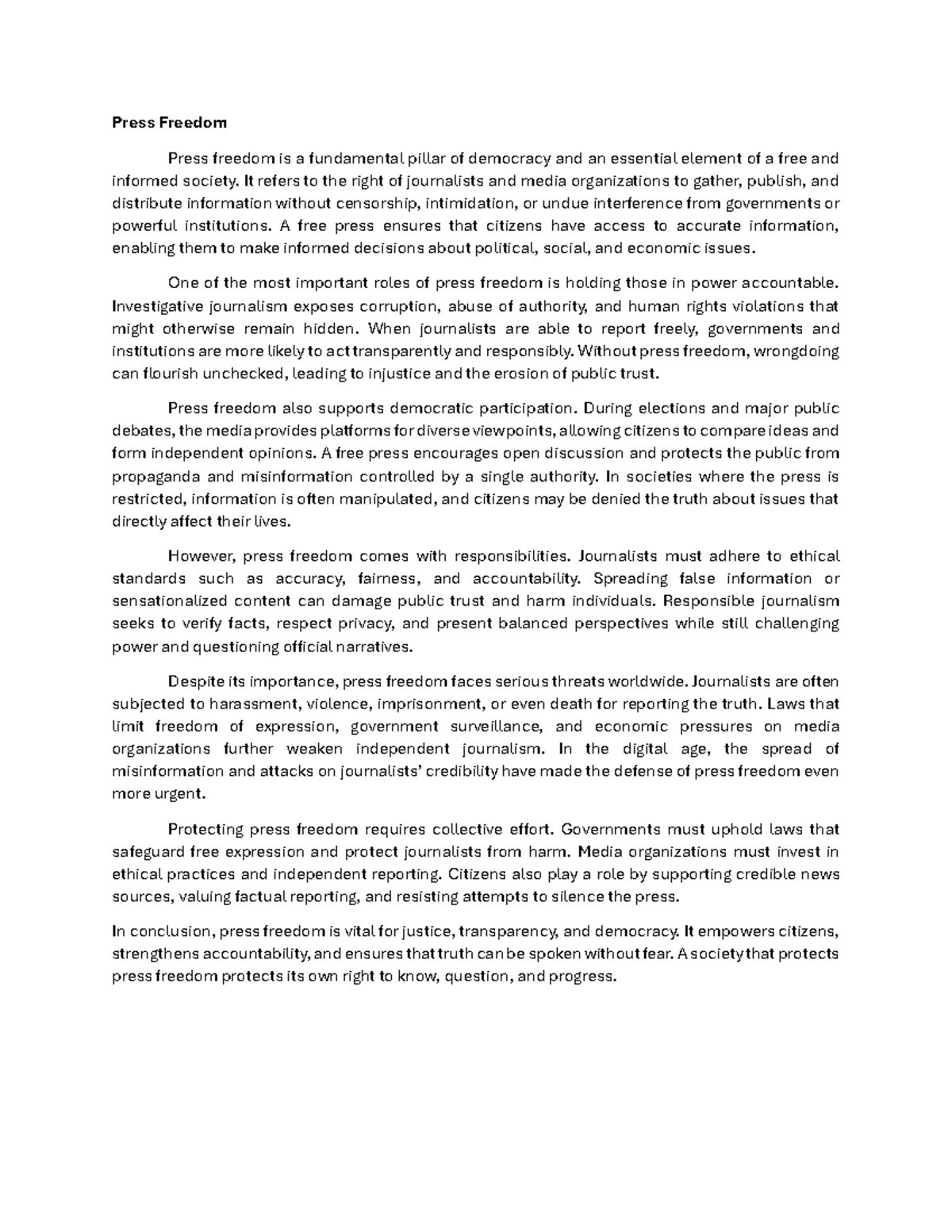 Press Freedom: A Pillar of Democracy and Accountability - Studocu
