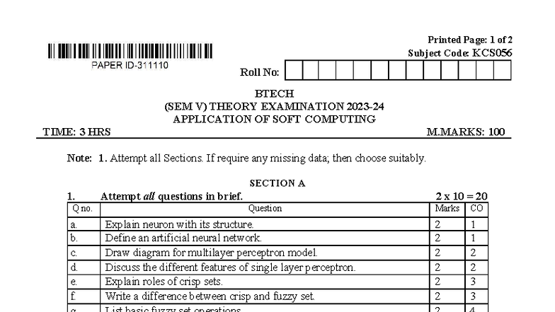 KCS056 BTECH (SEM V) Theory Exam: Application of Soft Computing - Studocu
