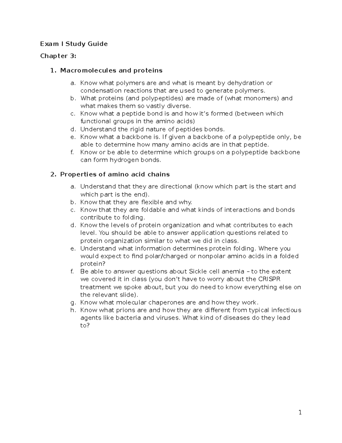 Biology 101 Exam I Study Guide: Macromolecules & Proteins - Studocu