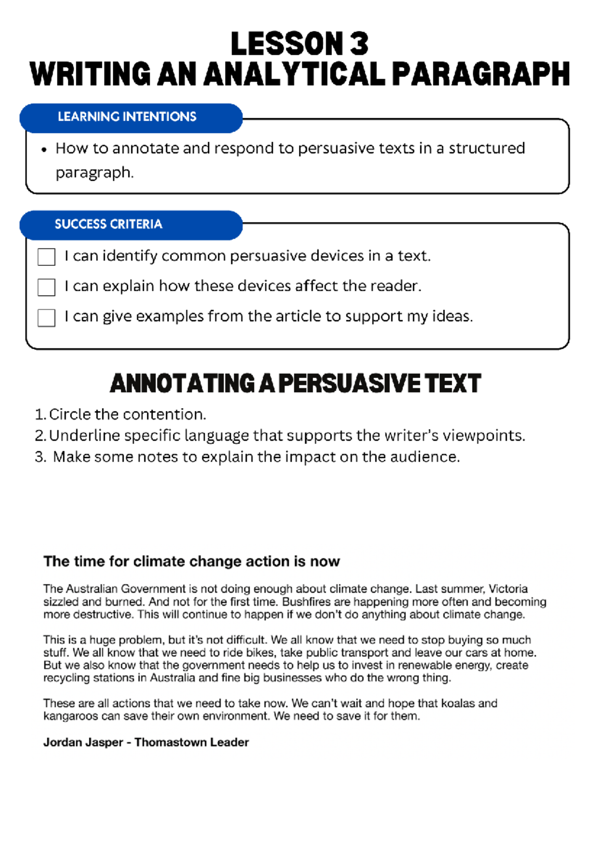 Lesson 3: Writing an Analytical Paragraph on Persuasive Texts - Studocu