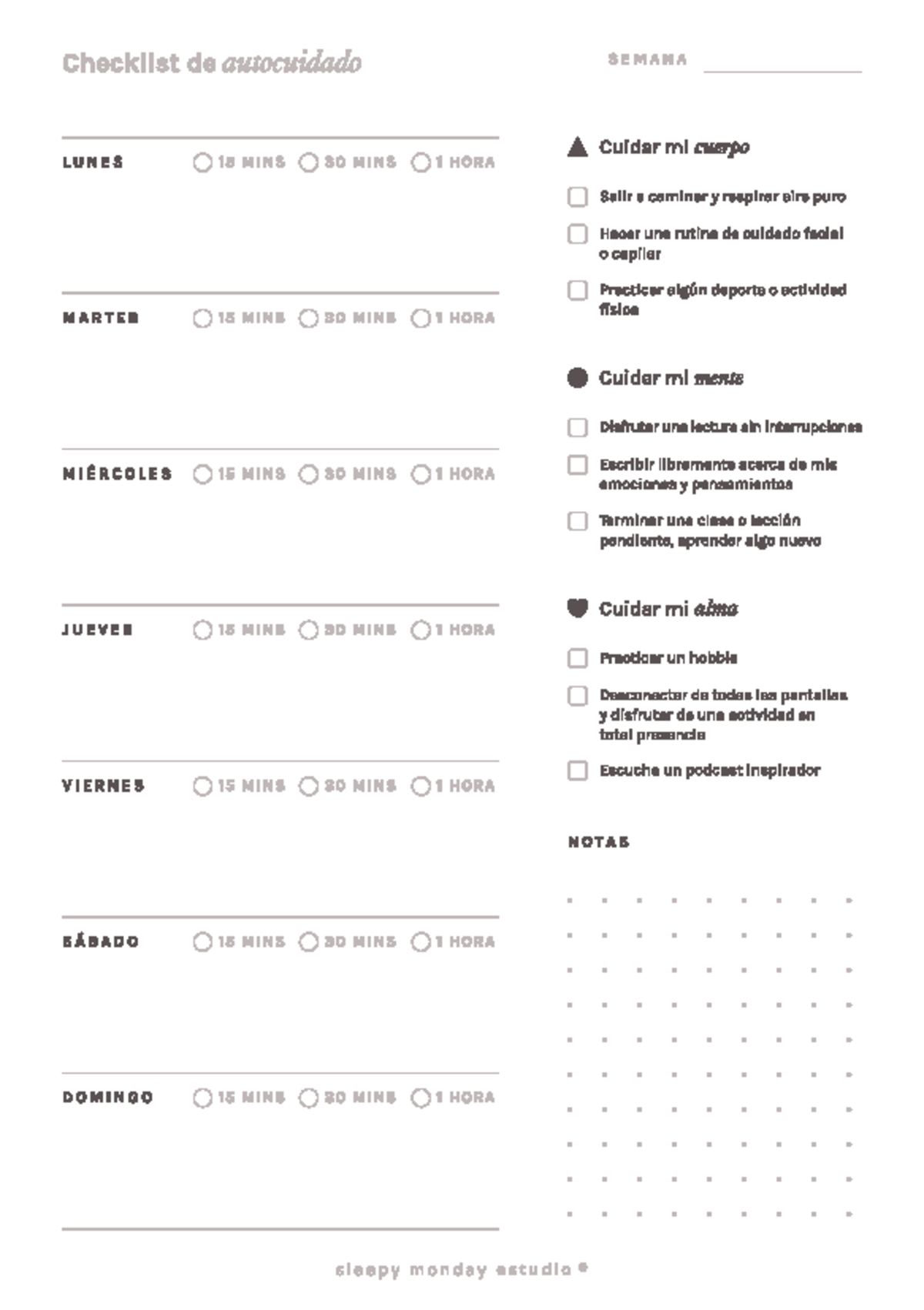 Checklist de Autocuidado Semanal: Cuerpo, Mente y Alma - Studocu