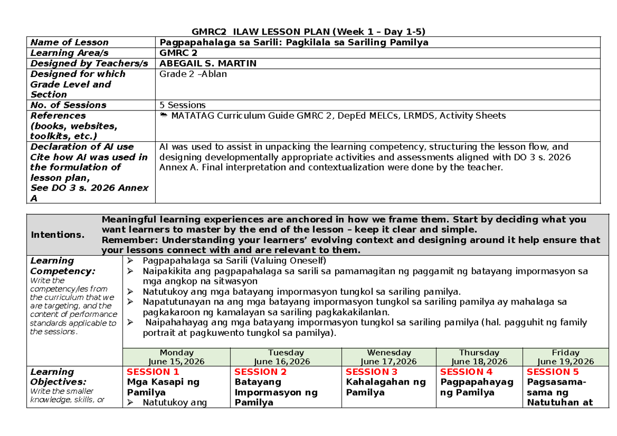 W1-GMRC2 Lesson Plan: Pagpapahalaga sa Sarili (Grade 2) - Studocu
