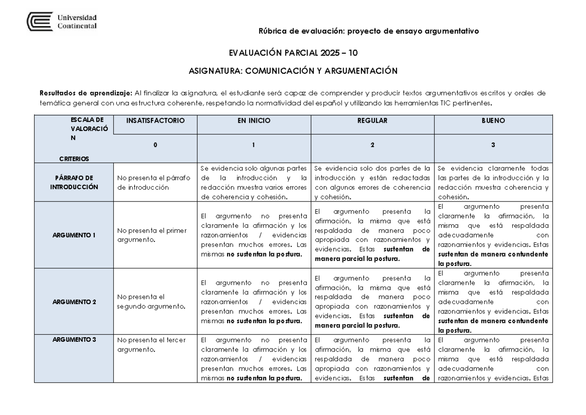 R brica Evaluaci n parcial 2025 - Rúbrica de evaluación: proyecto de ensayo argumentativo ...