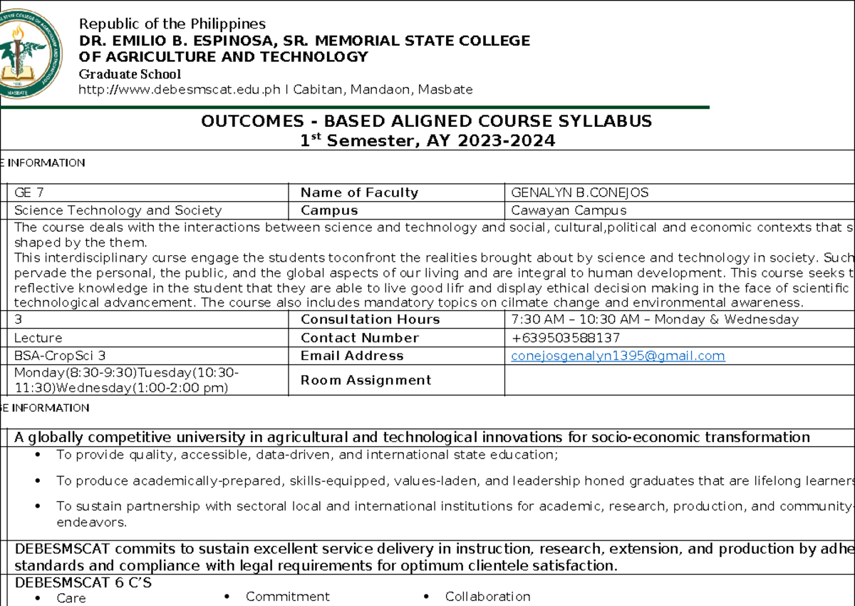 Syllabus for STS GE 7: Outcomes-Based Course Details AY 2023-2024 - Studocu