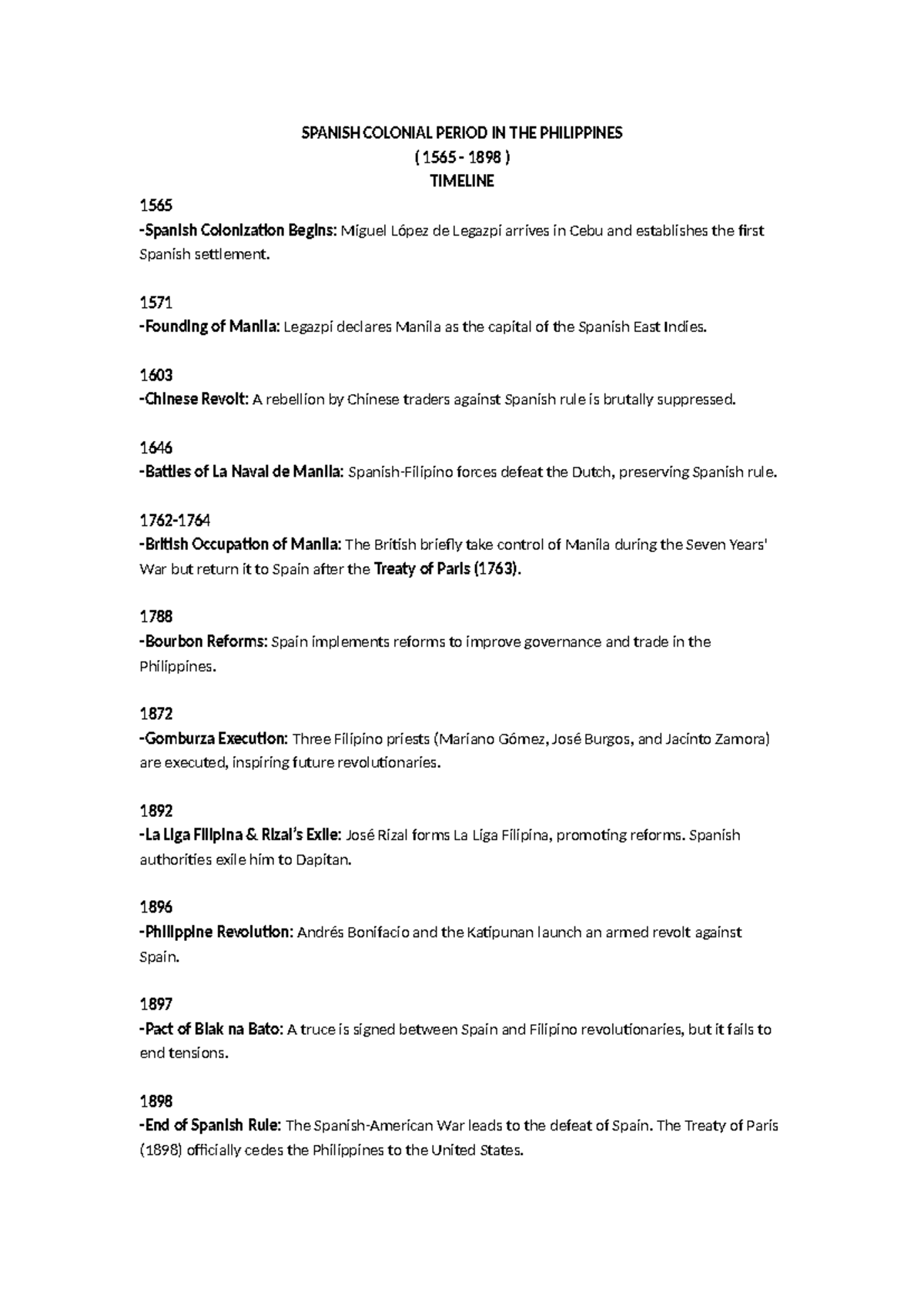 Timeline of the Spanish Colonial Period (1565-1898) in the Philippines ...