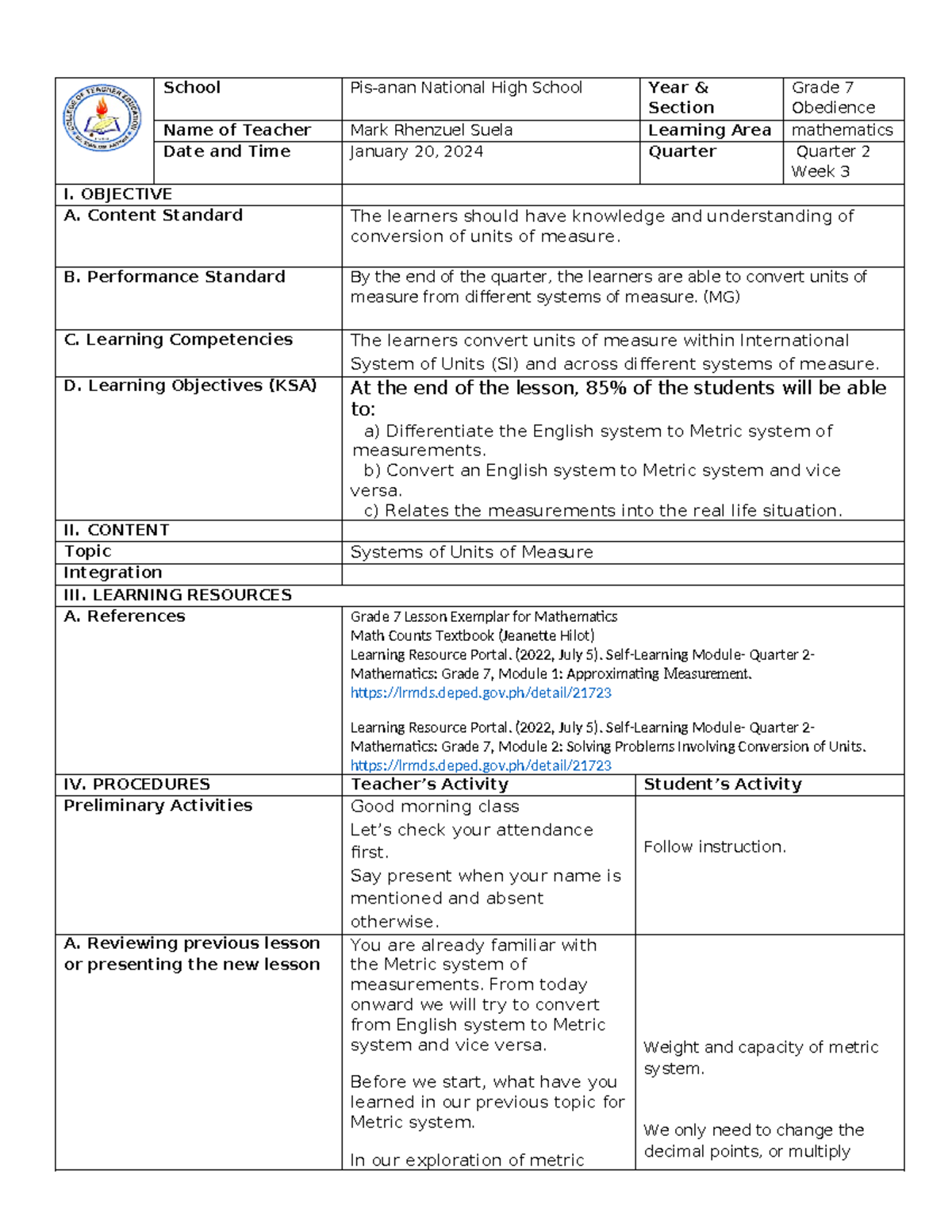 G7Q2W2T3 DLP - Detailed Lesson Plan on Unit Conversion for Grade 7 ...