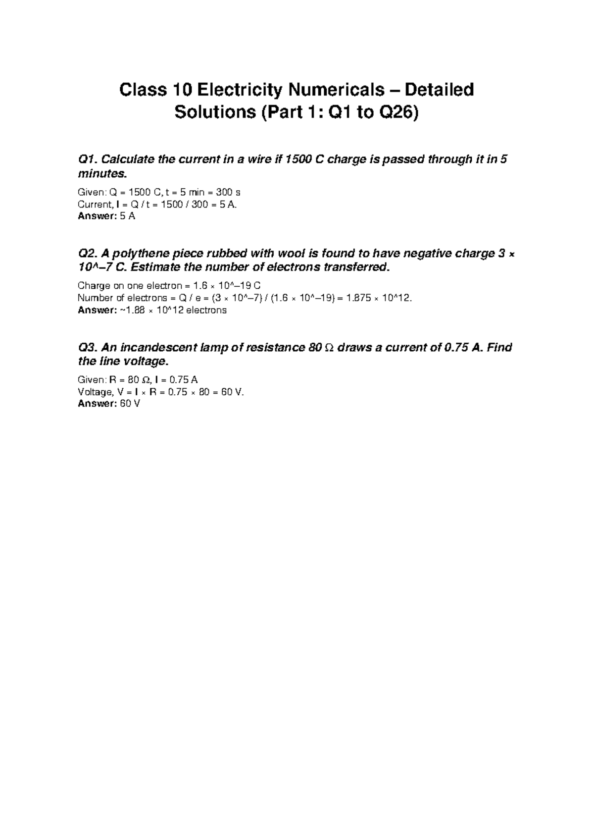 Class 10 Electricity Numericals Solutions (Part 1: Q1-Q26) - Studocu