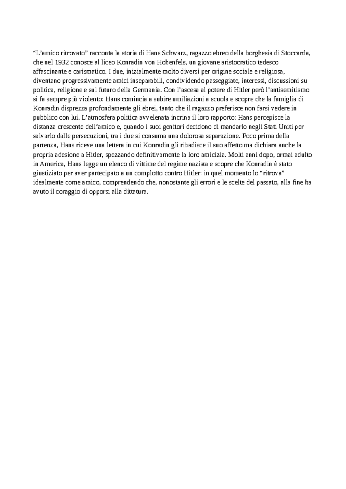 Riassunto di "L’amico ritrovato" - Storia di Hans e Konradin - Studocu