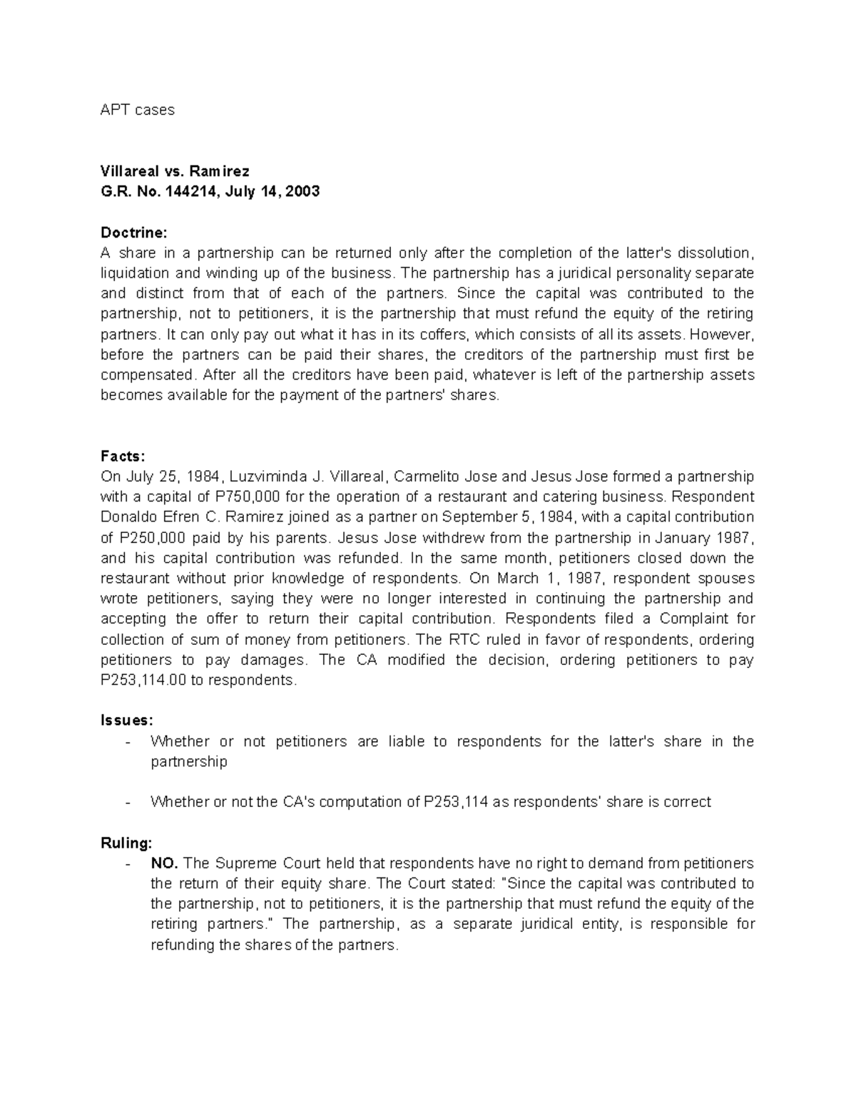 APT Case Study: Villareal vs. Ramirez & Island Sales vs. UPGCC - Studocu