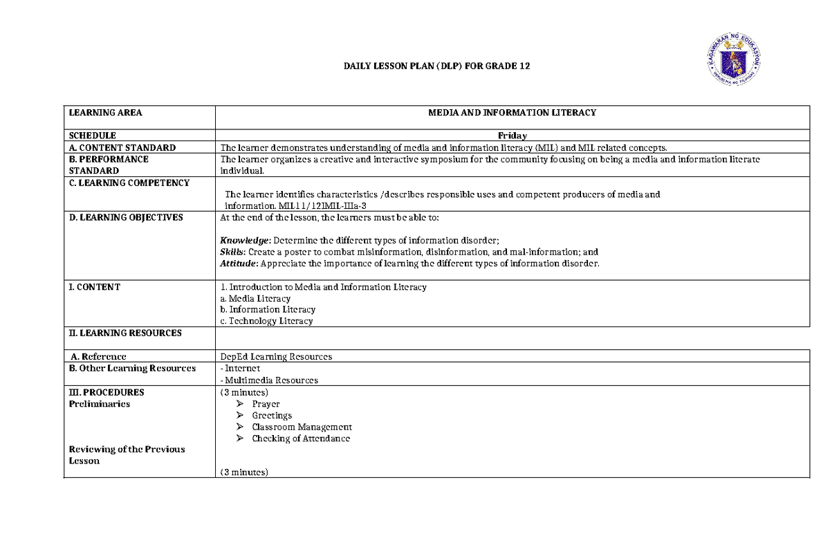 DLL - Grade 12 Media and Information Literacy Lesson Plan - Studocu