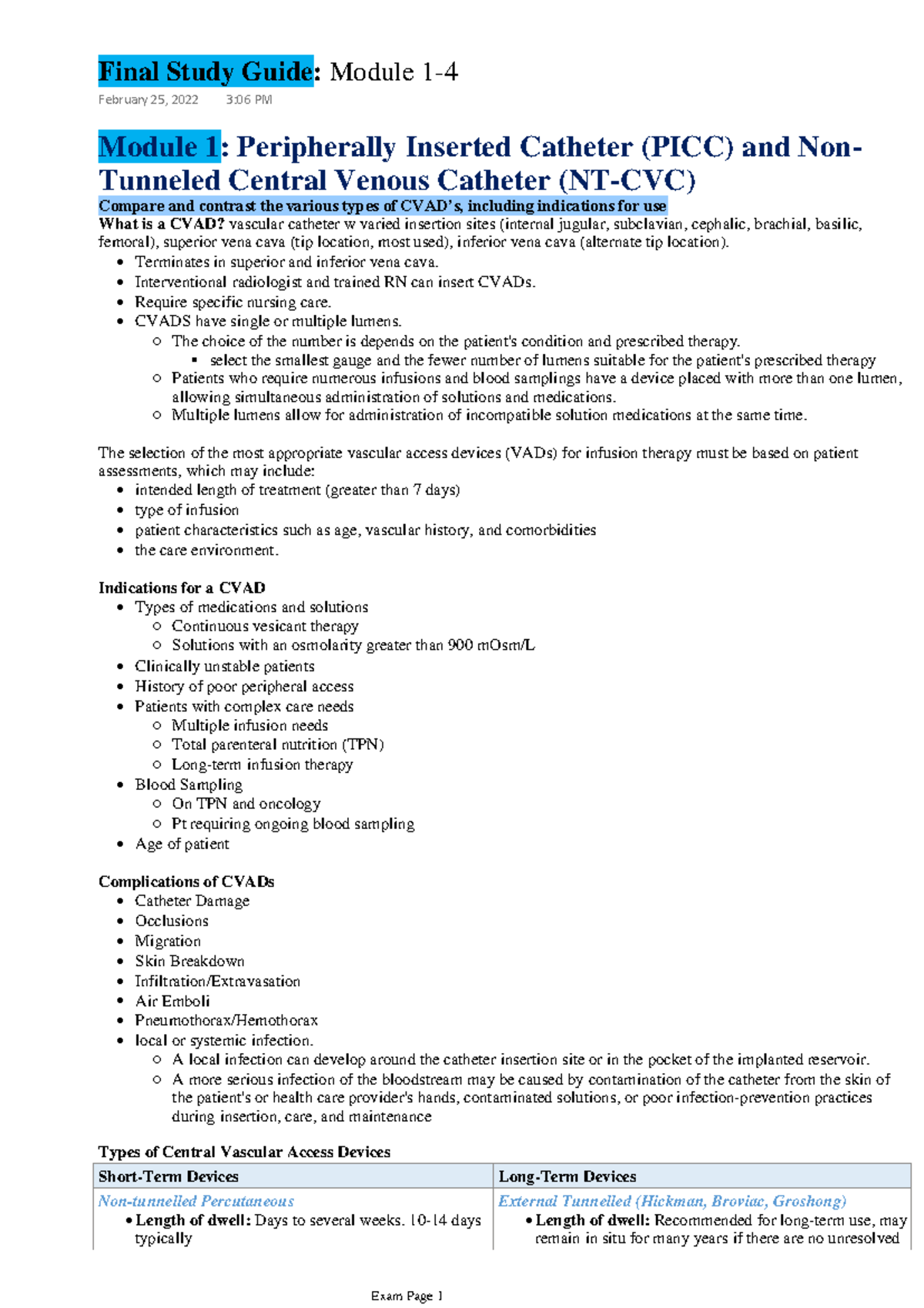N243 Final Study Guide: Module 1 - CVADs and PICC Care - Studocu