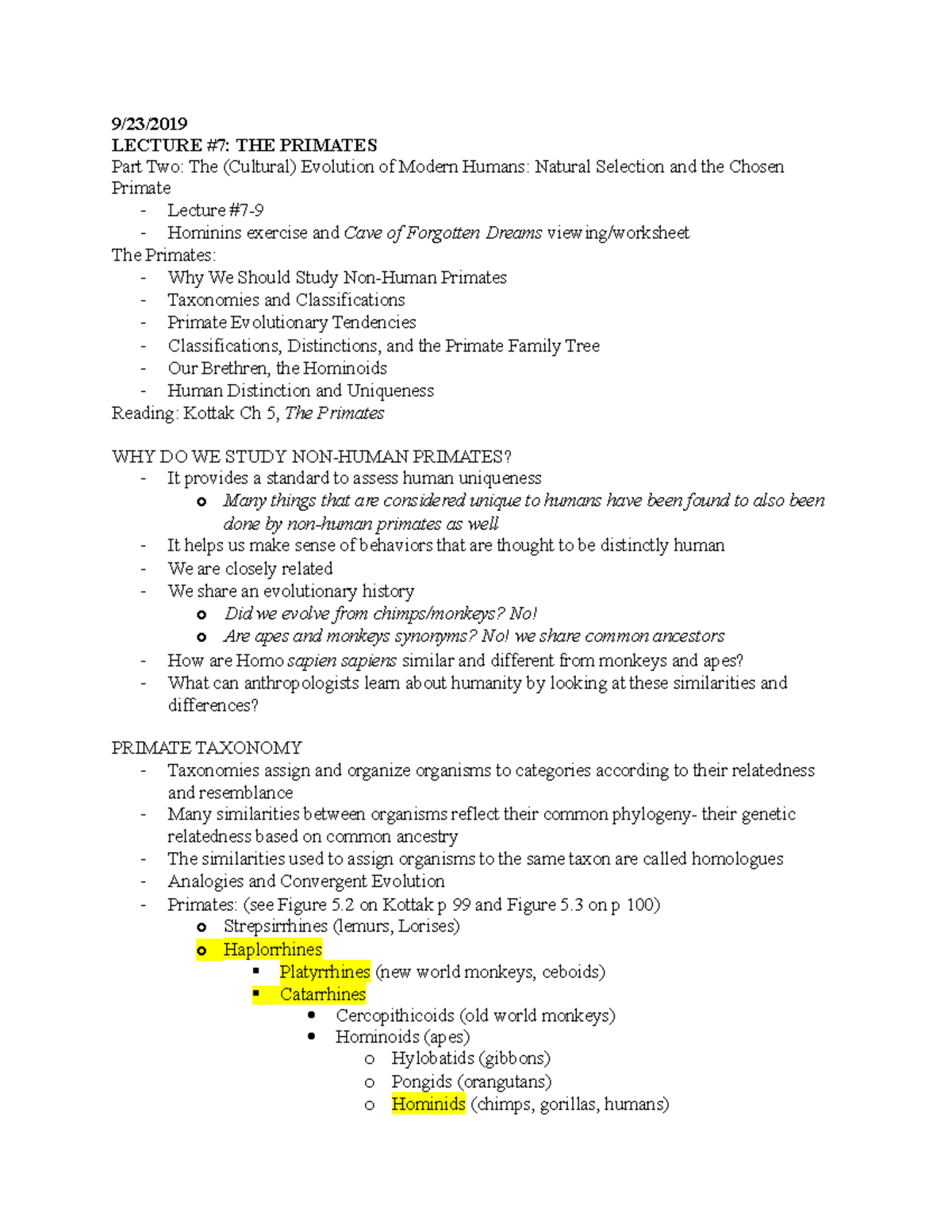 ANTH EXAM 2 Notes - 9/23/ LECTURE #7: THE PRIMATES Part Two: The ...