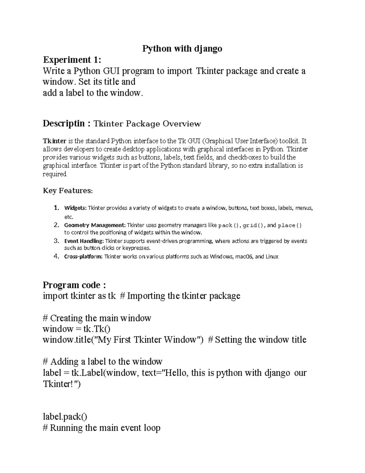Python with Django Experiment 1: Tkinter GUI Basics - Studocu