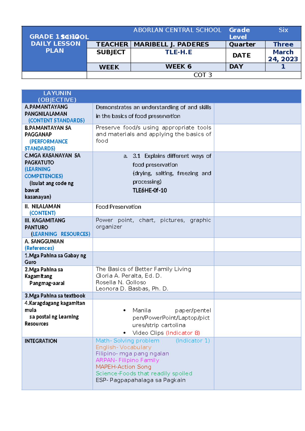 TLE 6-COT 3rd Quarter - Sample Daily Lesson Plan on Food Preservation - Studocu