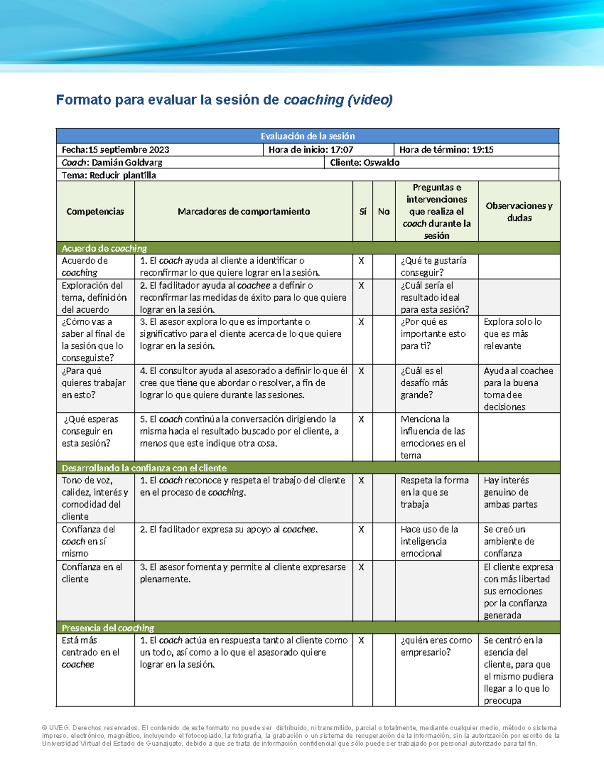 EA5: Formato para Evaluar Sesiones de Coaching de Damián Goldvarg - Studocu