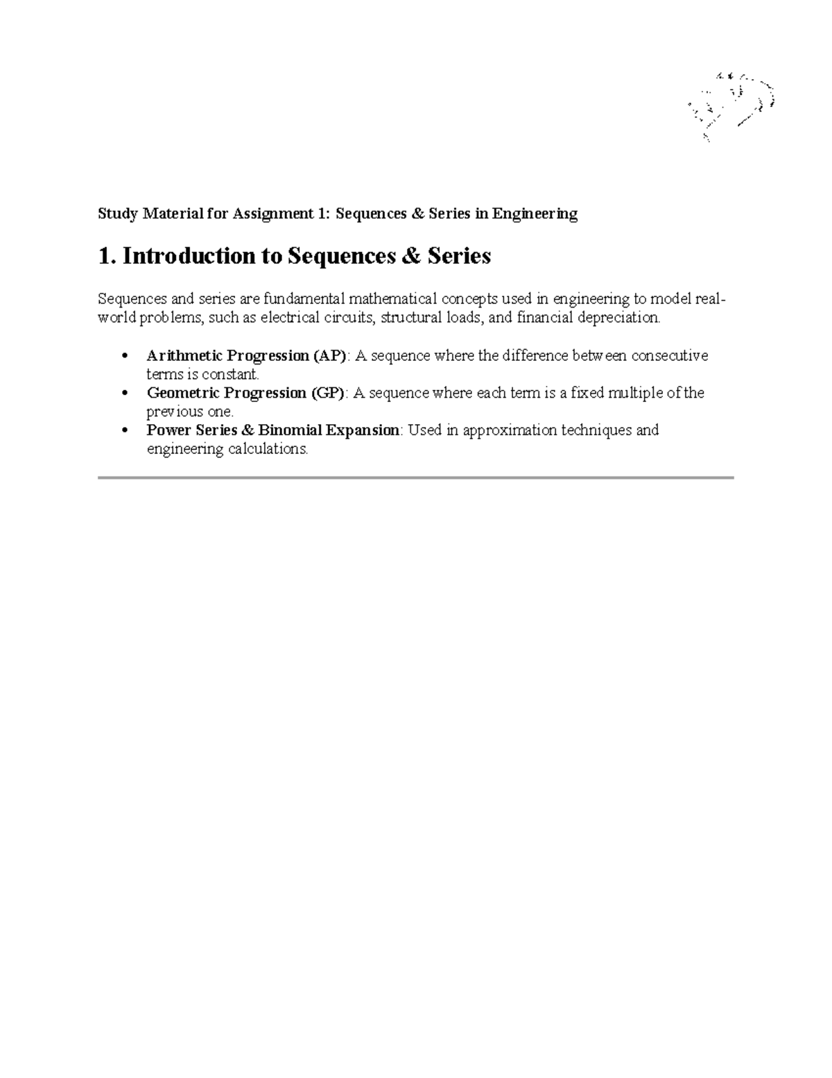 Study Material for Assignment 1 - Introduction to Sequences & Series ...