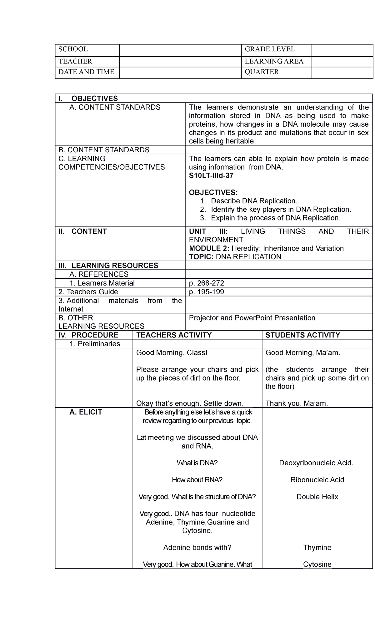 DNA Replication Lesson Plan for S10LT-IIId- Class - Studocu