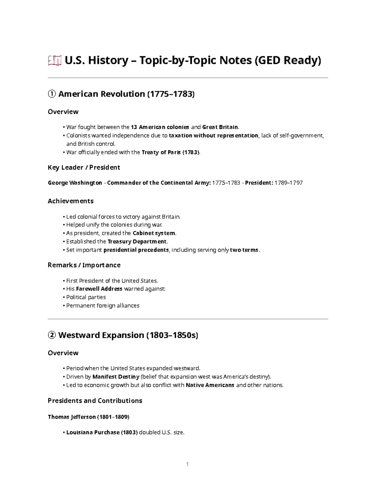 U.S. History Notes (GED Ready): Key Events and Leaders Overview - Studocu