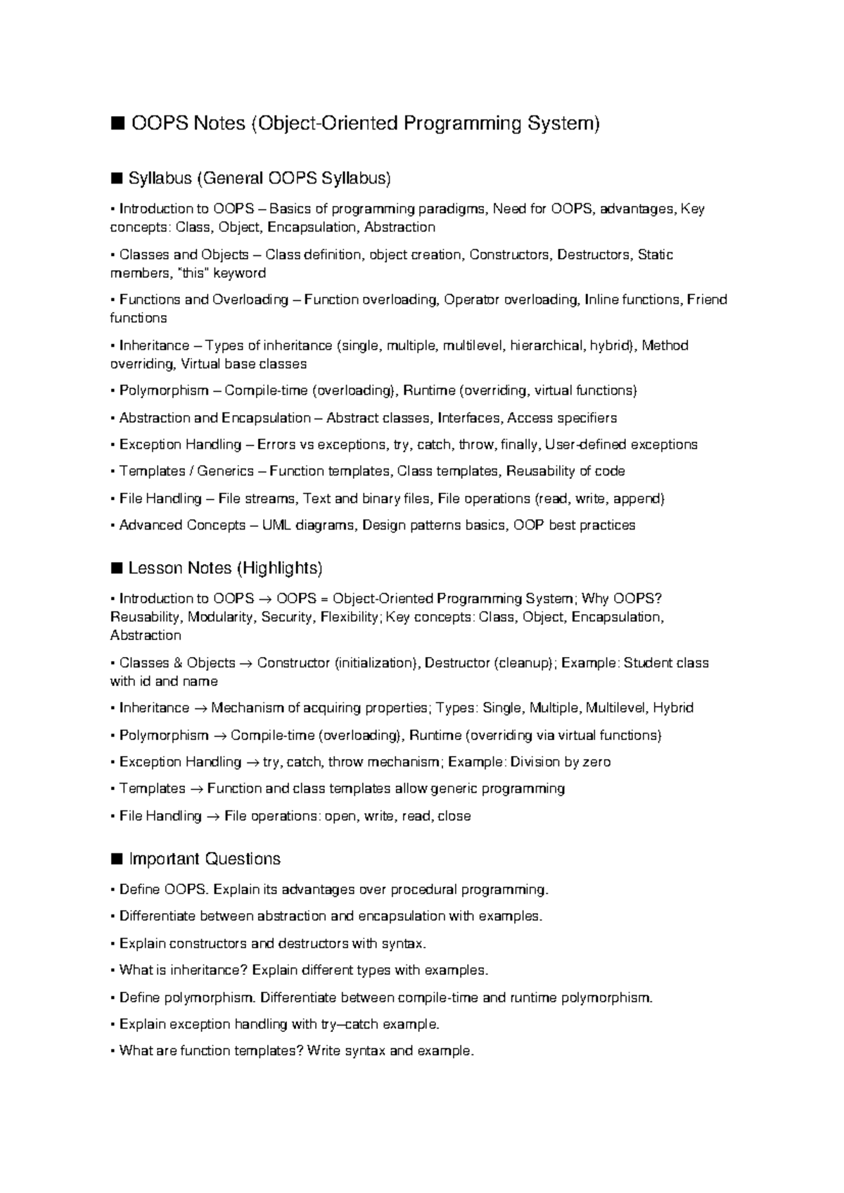 OOPS Notes (CS101) - Key Concepts and Programming Paradigms - Studocu