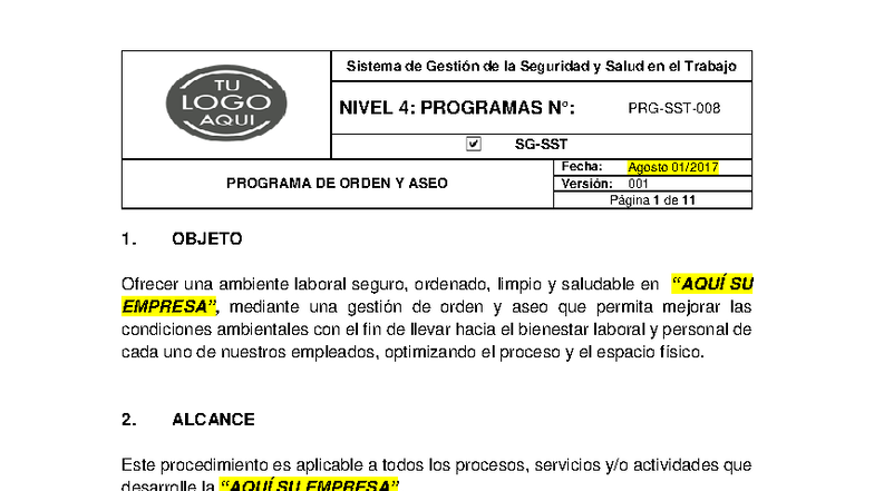 PRG-SST-008: Programa de Orden y Aseo en Seguridad y Salud Laboral - Studocu