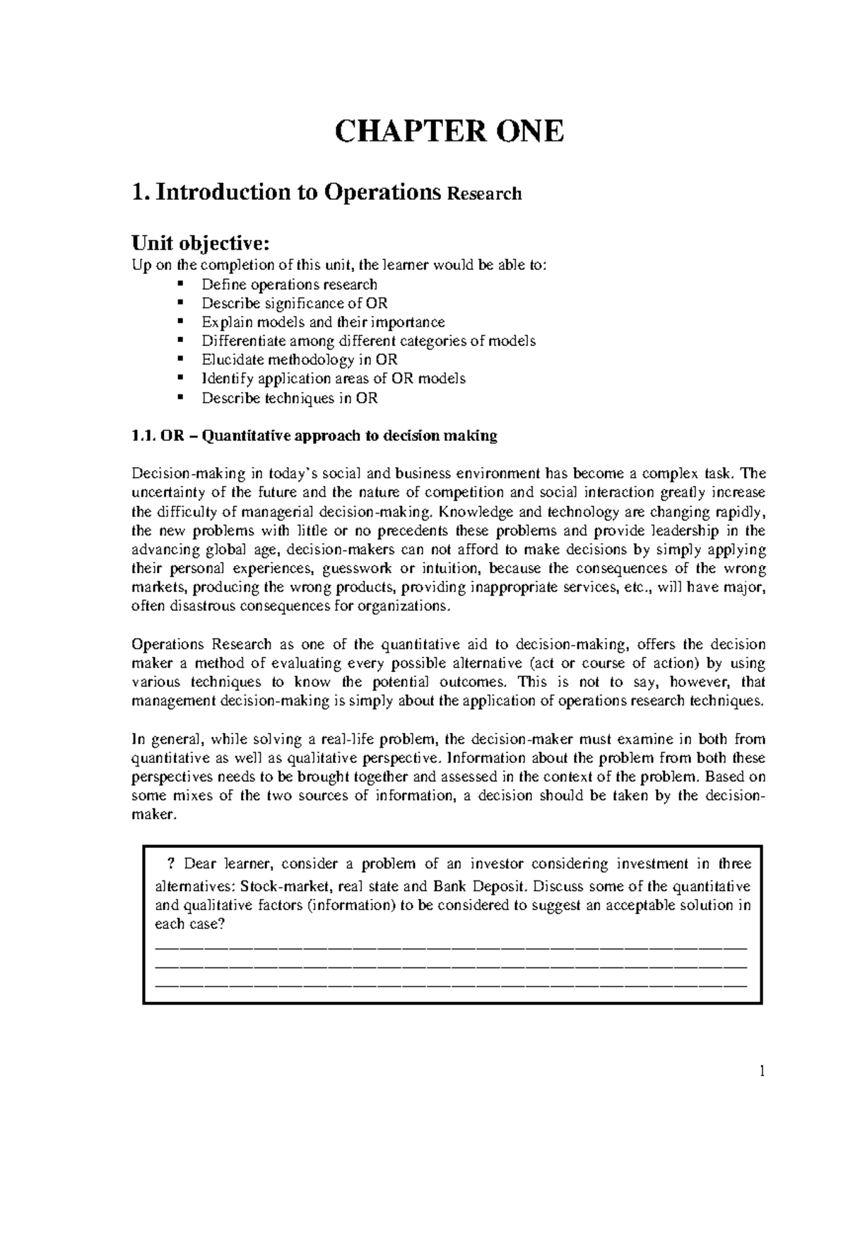 Operations Research Module - CHAPTER ONE 1. Introduction to Operations ...