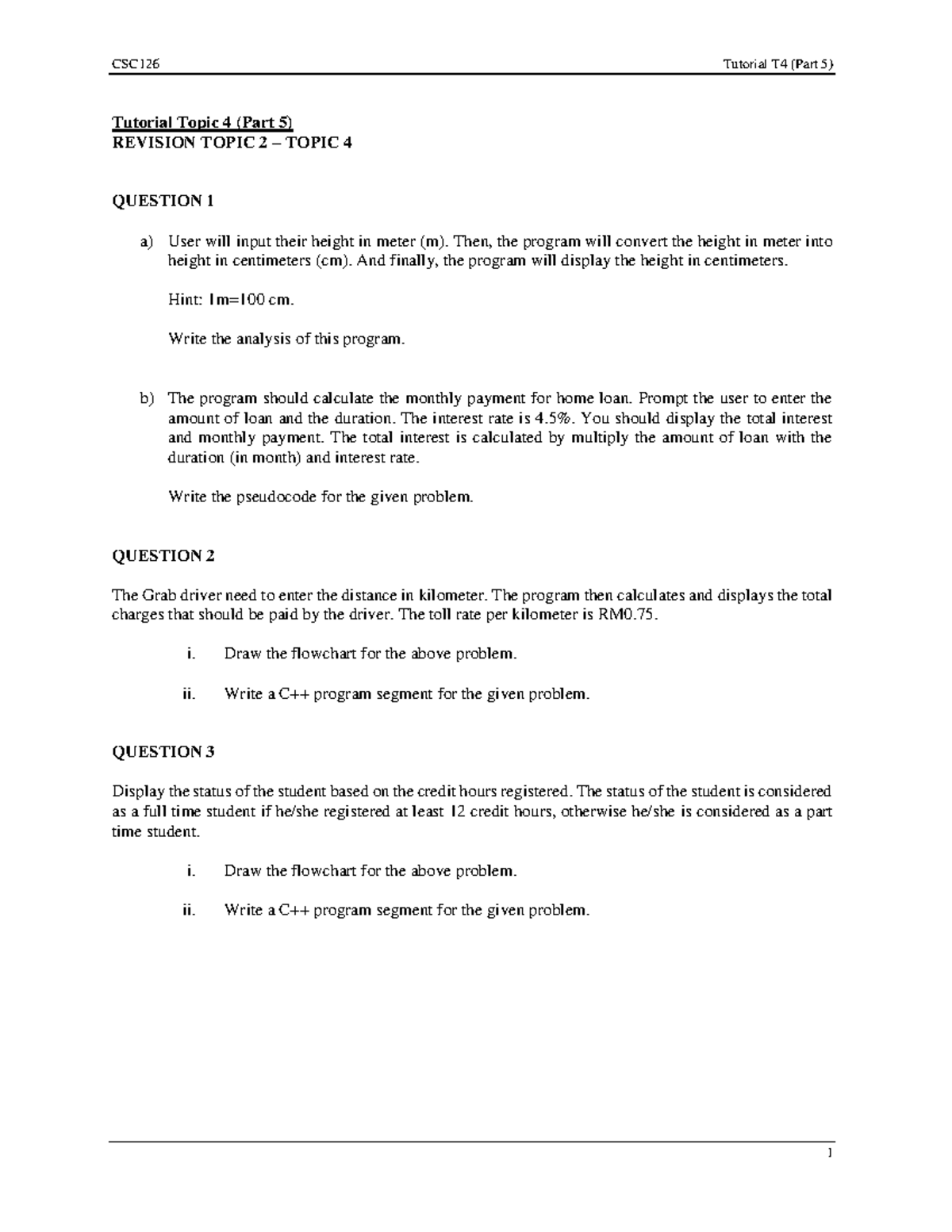 CSC126 - Tutorial T4 (Part 5) Programming Exercises and Flowcharts - Studocu