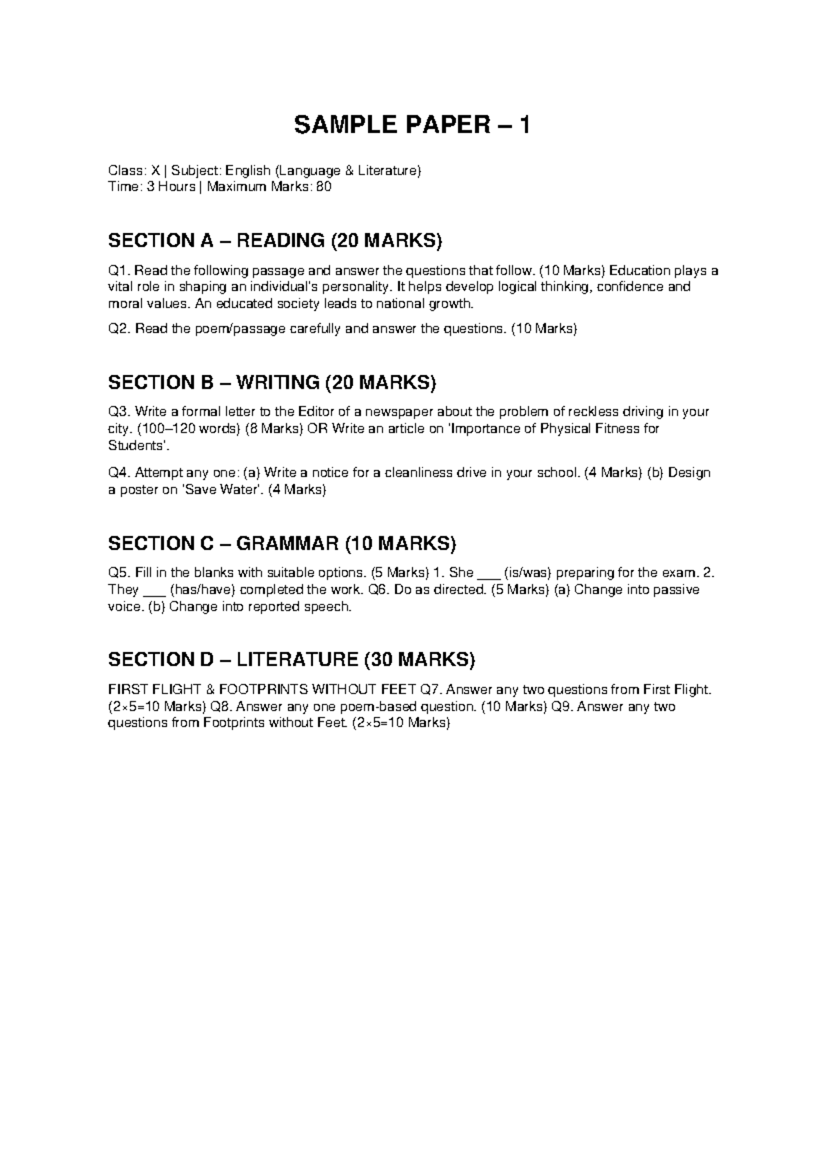 Class 10 English (Language Literature) Sample Paper 1 & 2 Blueprint ...