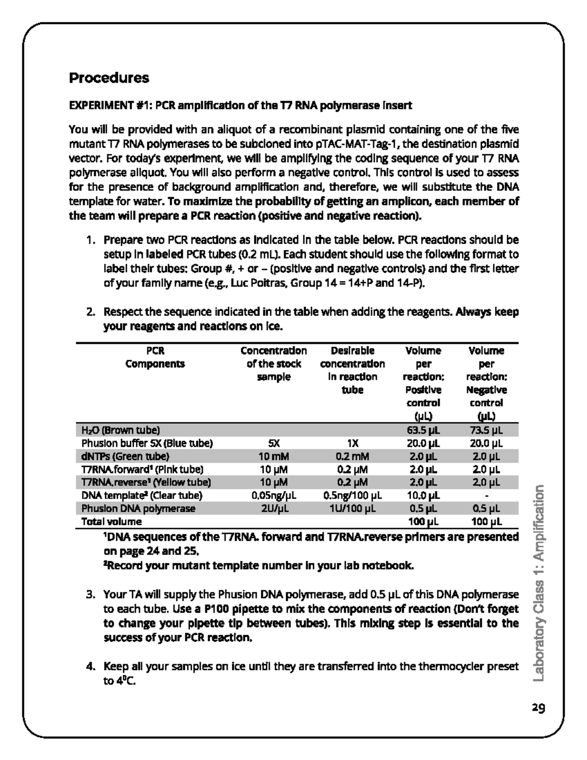 Lab 1 procedure - Procedures EXPERIMENT PCR amplification of the T7 RNA polymerase insert You ...