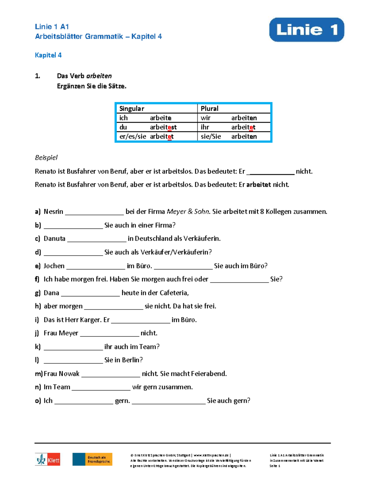 Grammatik Arbeitsblätter Linie 1 A1 Kapitel 4 Lösungen und Übungen ...