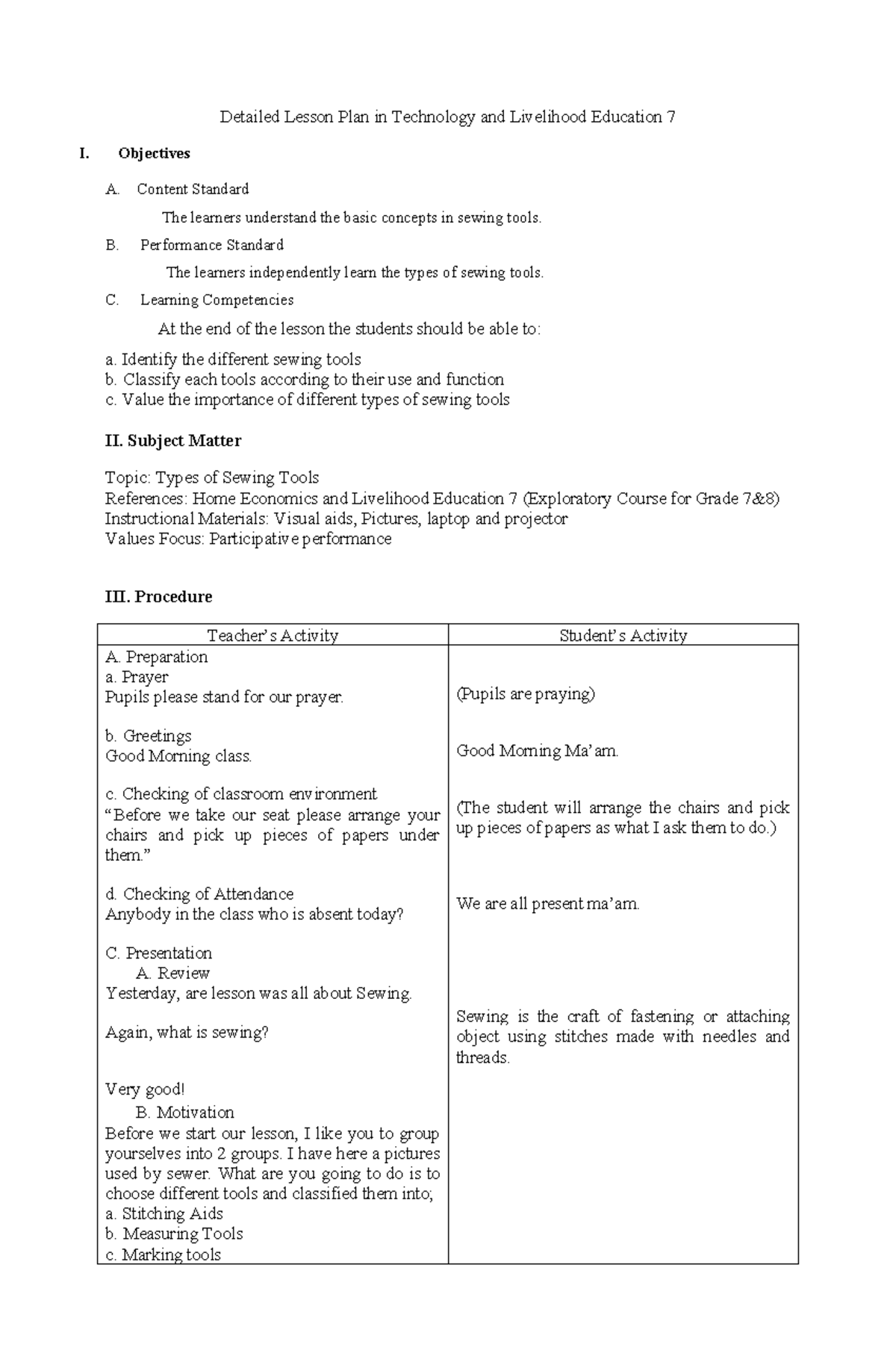 Elem DLP - Lesson Plan on Sewing Tools for TLE 7 - Studocu