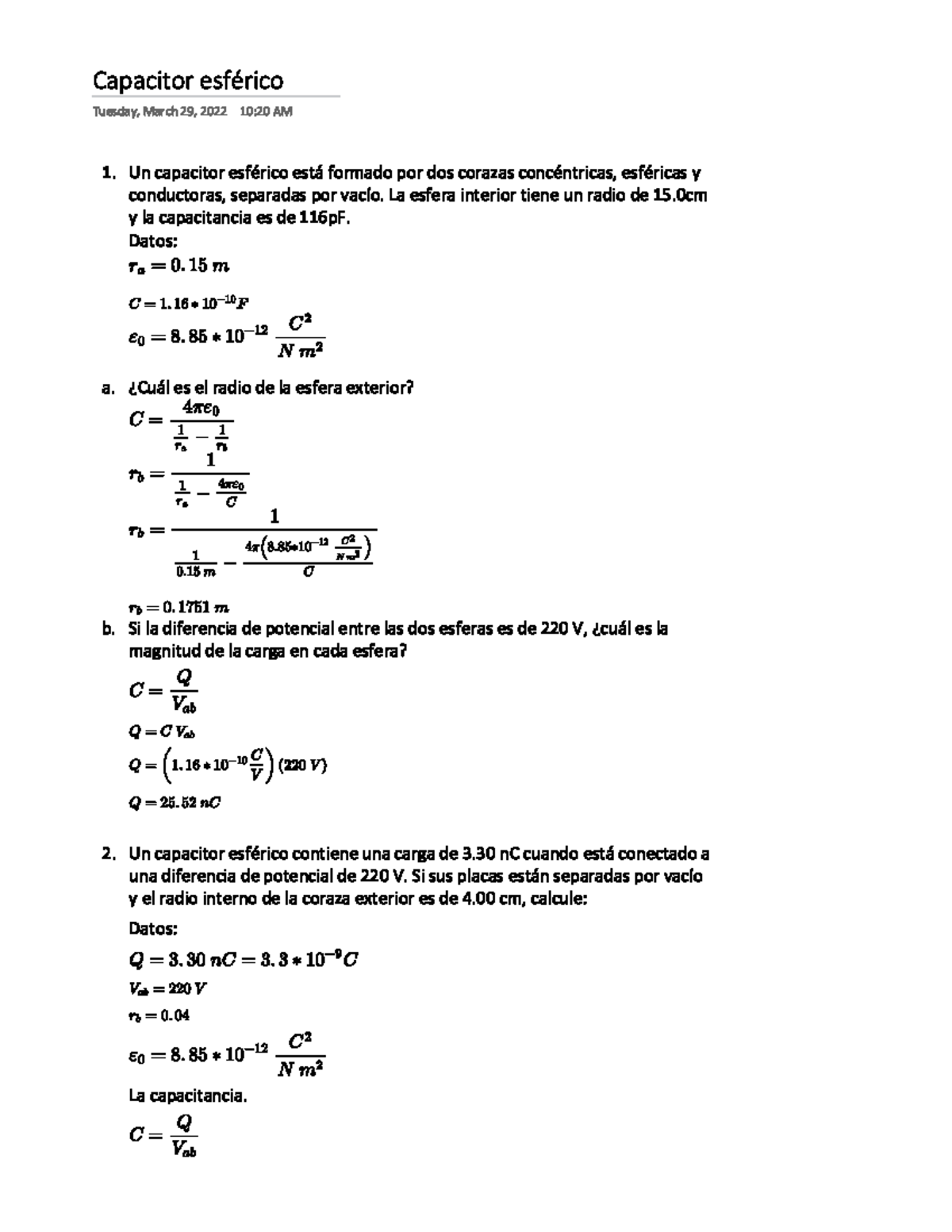 Ejercicios Resueltos sobre Capacitores Esféricos - Ayuda del Prof ...