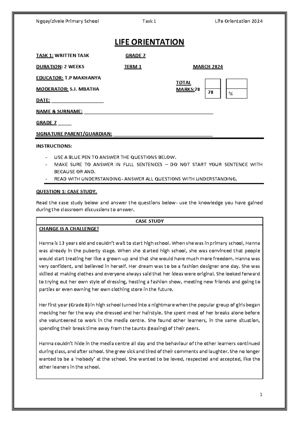 LO TASK 1 - Written Task Grade 7: Managing Peer Pressure & Self-Image ...