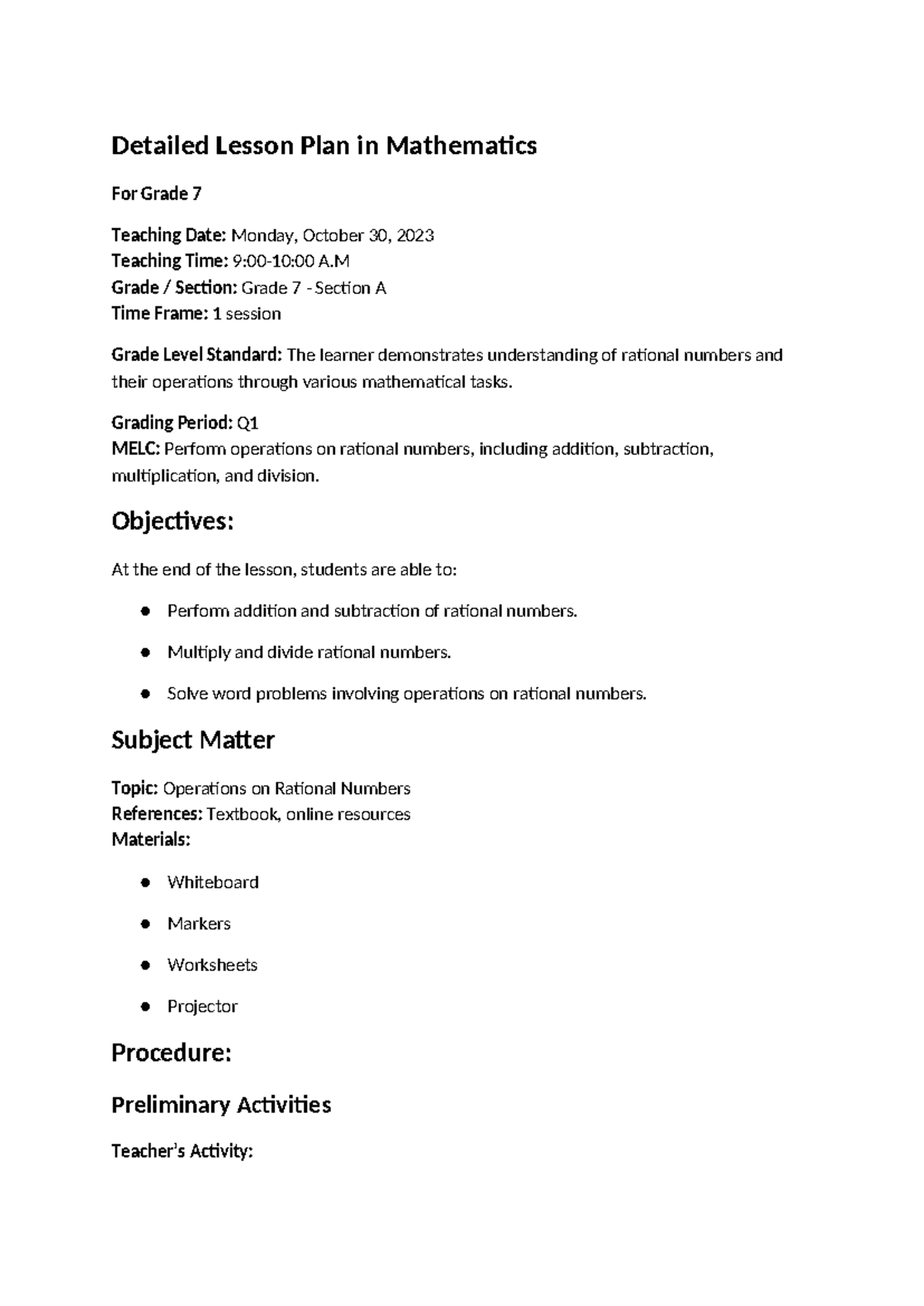 Grade 7 Math Lesson Plan: Operations on Rational Numbers - Studocu
