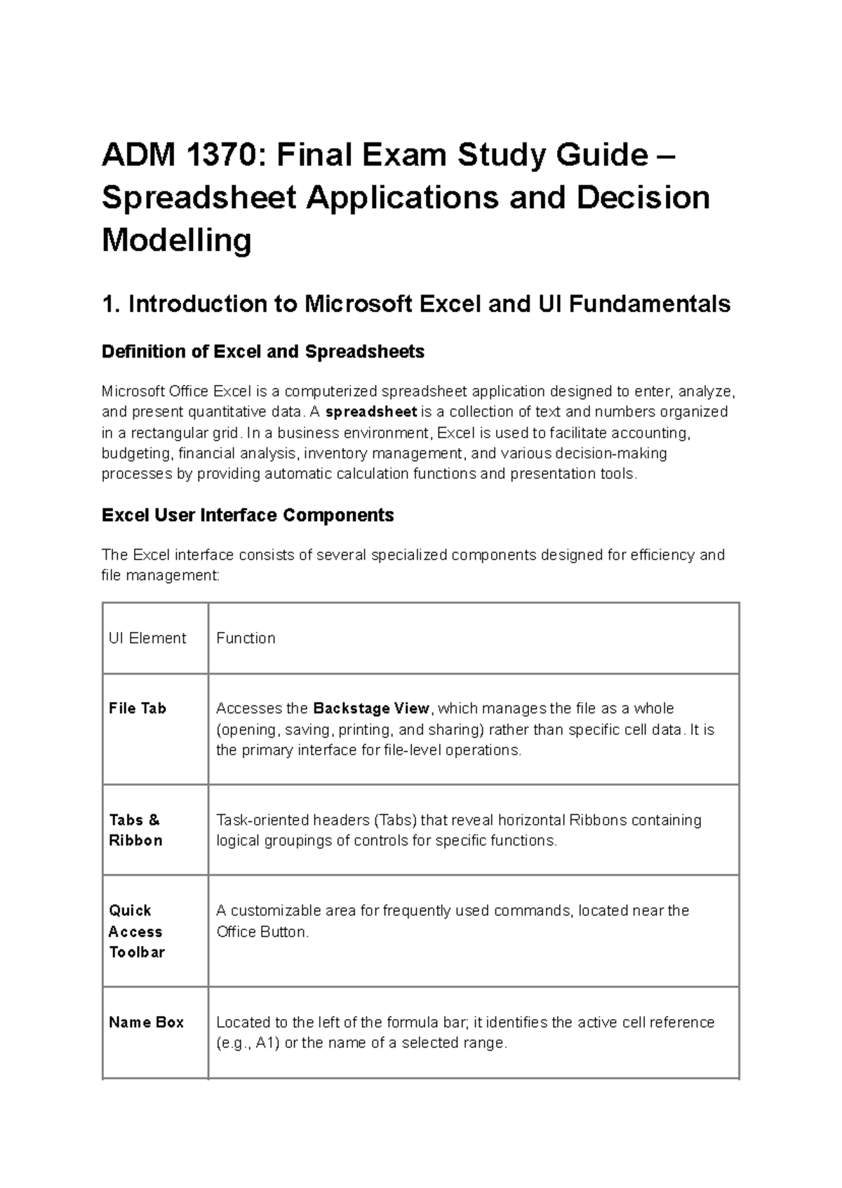 ADM 1370: Final Exam Study Guide for Spreadsheet Applications - Studocu