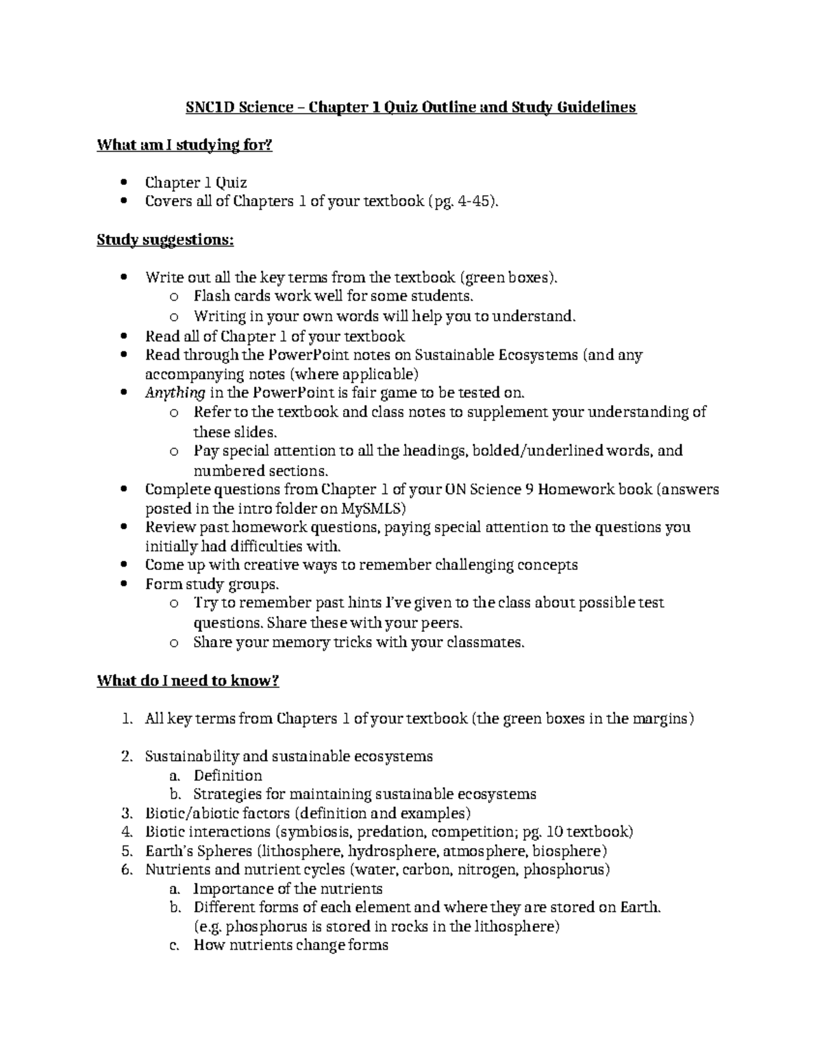 SNC1D Science Chapter 1 Quiz Study Guide and Tips - Studocu