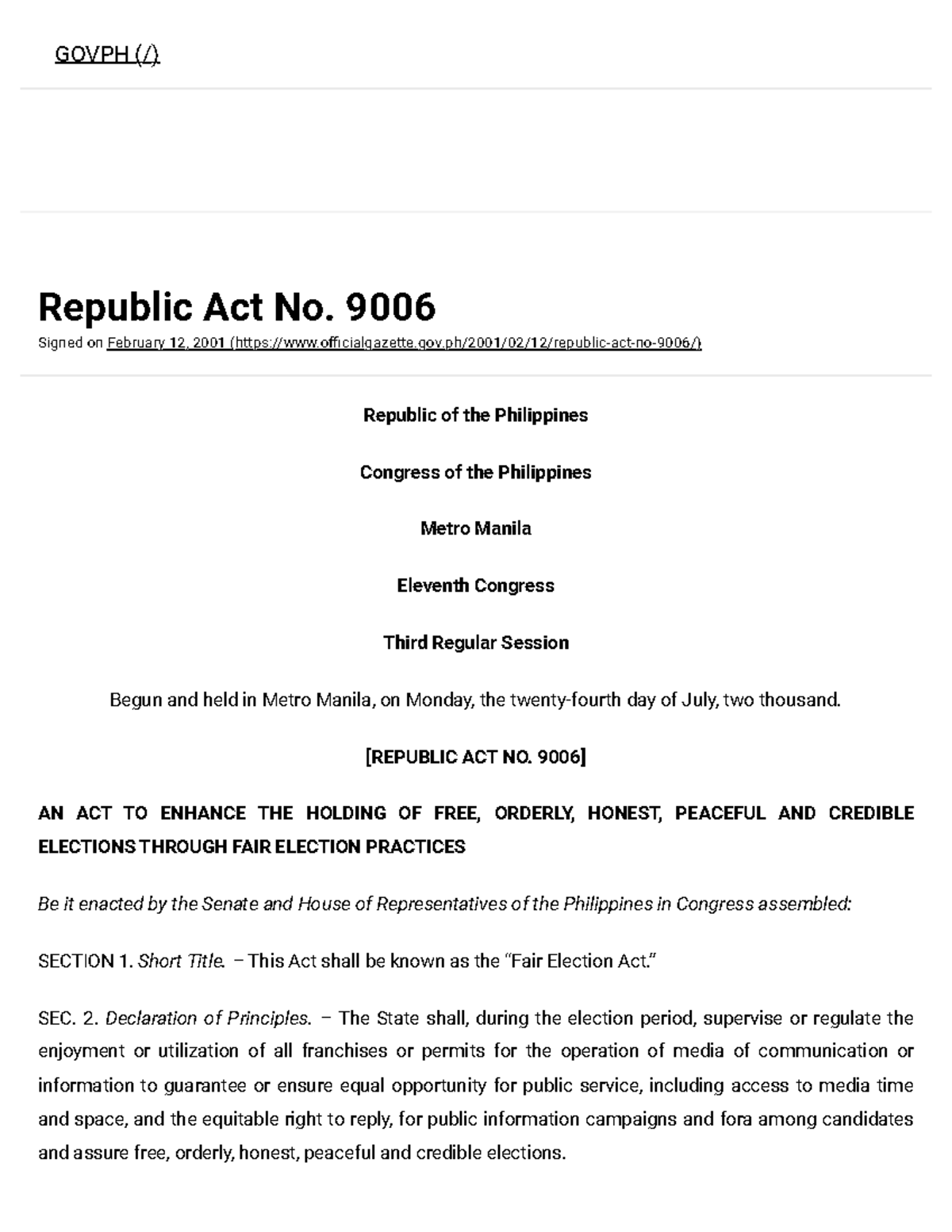 Republic Act No. 9006: Overview of the Fair Election Act - Studocu
