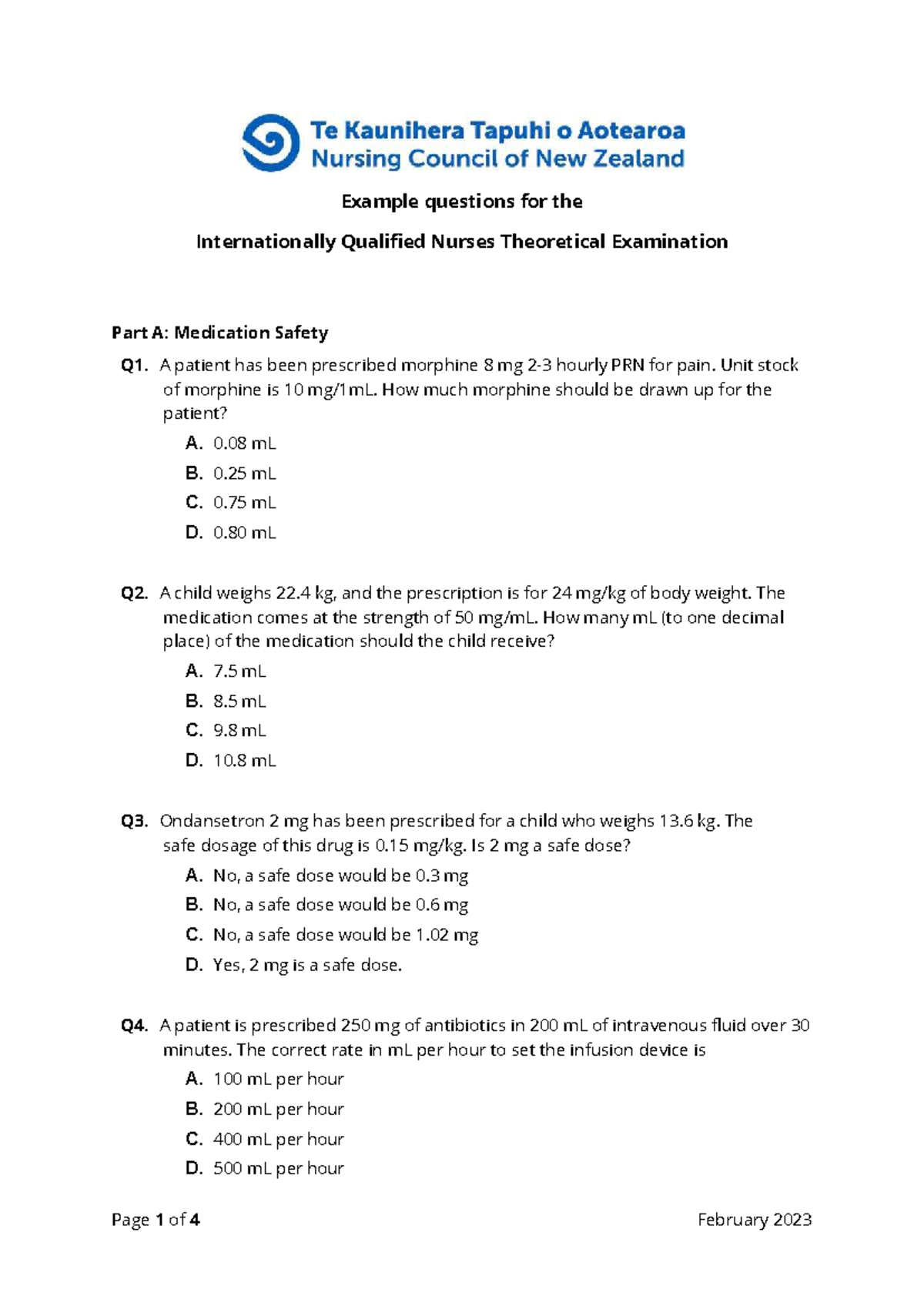 IQN Theoretical Exam Sample Questions for Medication Safety - Studocu