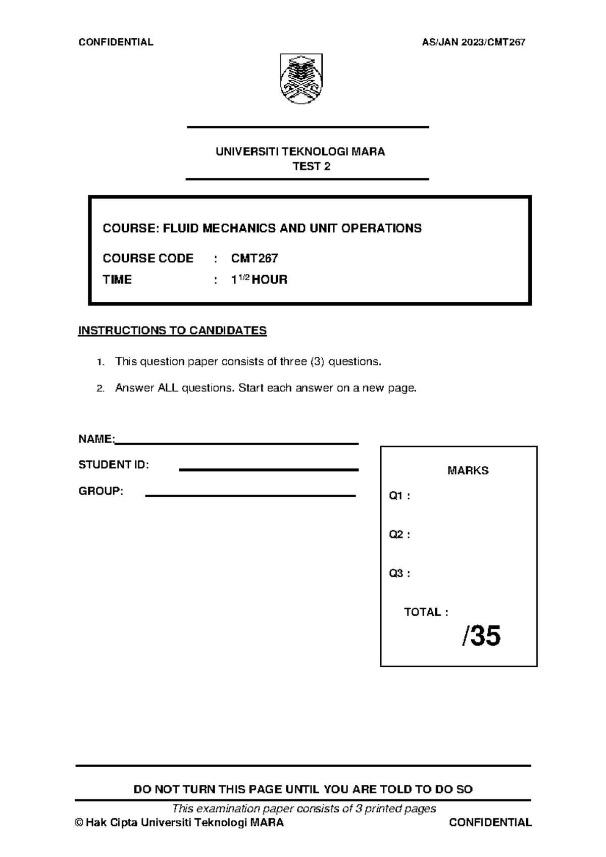 CMT 267 Test 2 Past Paper - Fluid Mechanics & Unit Operations - Studocu