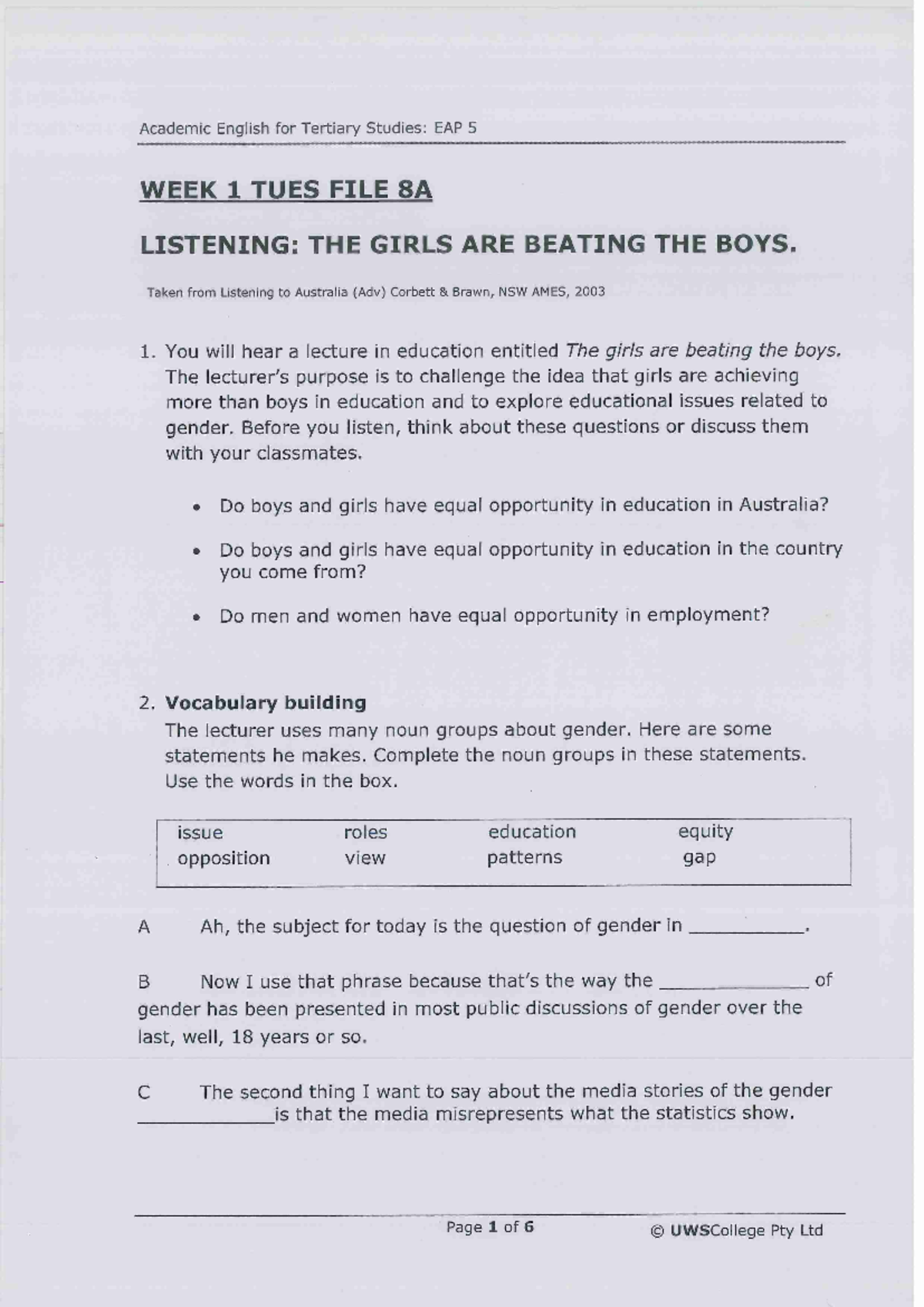 EAP5 Week 1 Tue F8a - Listening The girls are beating the boys No ...
