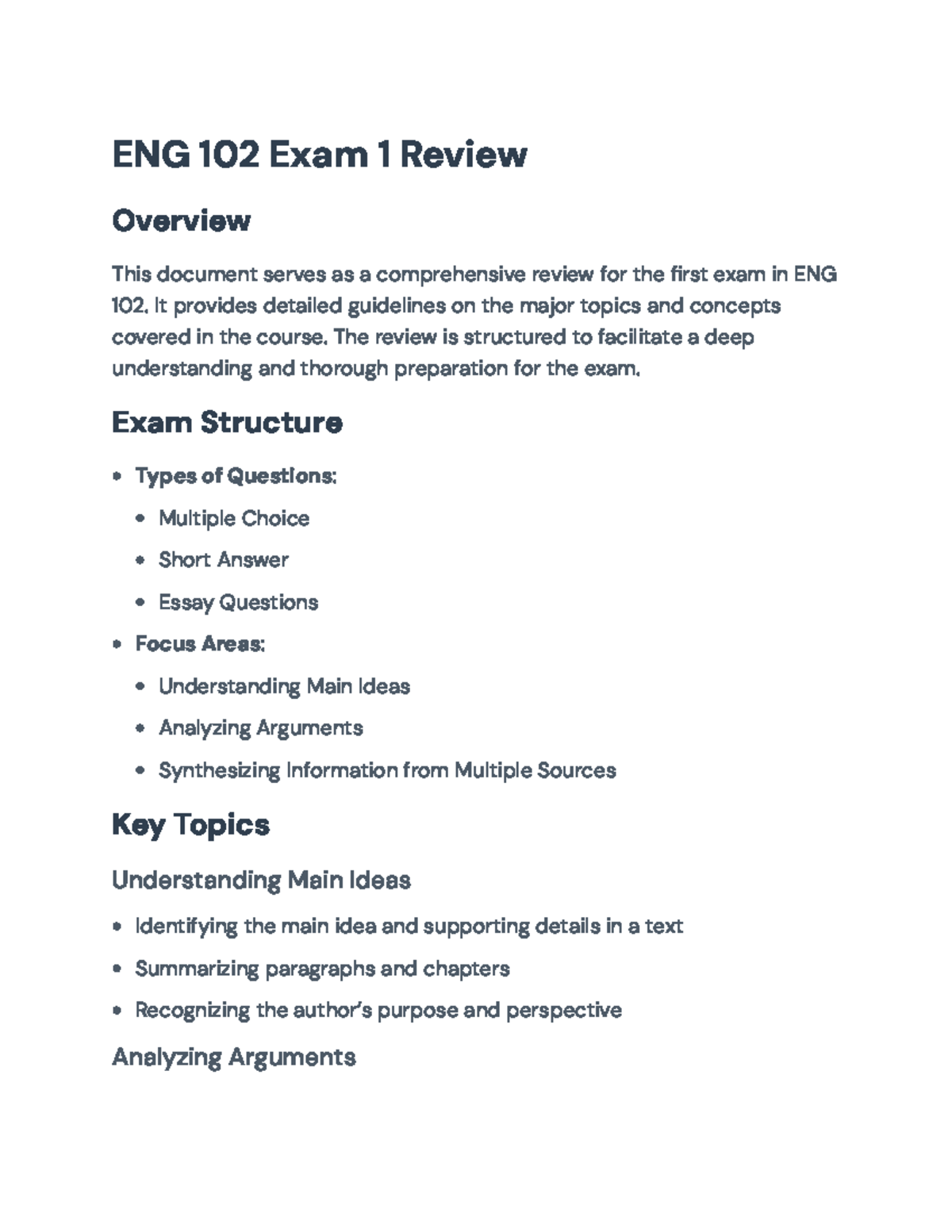 ENG 102 Final Exam 1 Comprehensive Review Guide - ENG 102 Exam 1 Review ...