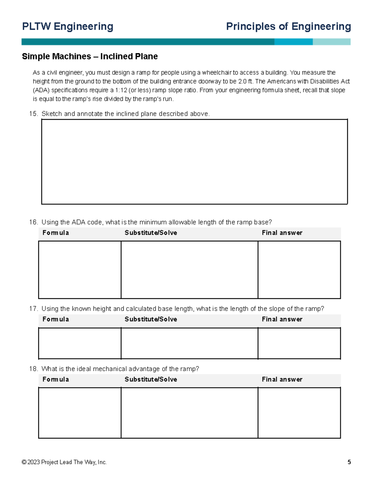 PLTW Principles of Engineering: Simple Machines & Inclined Plane ...