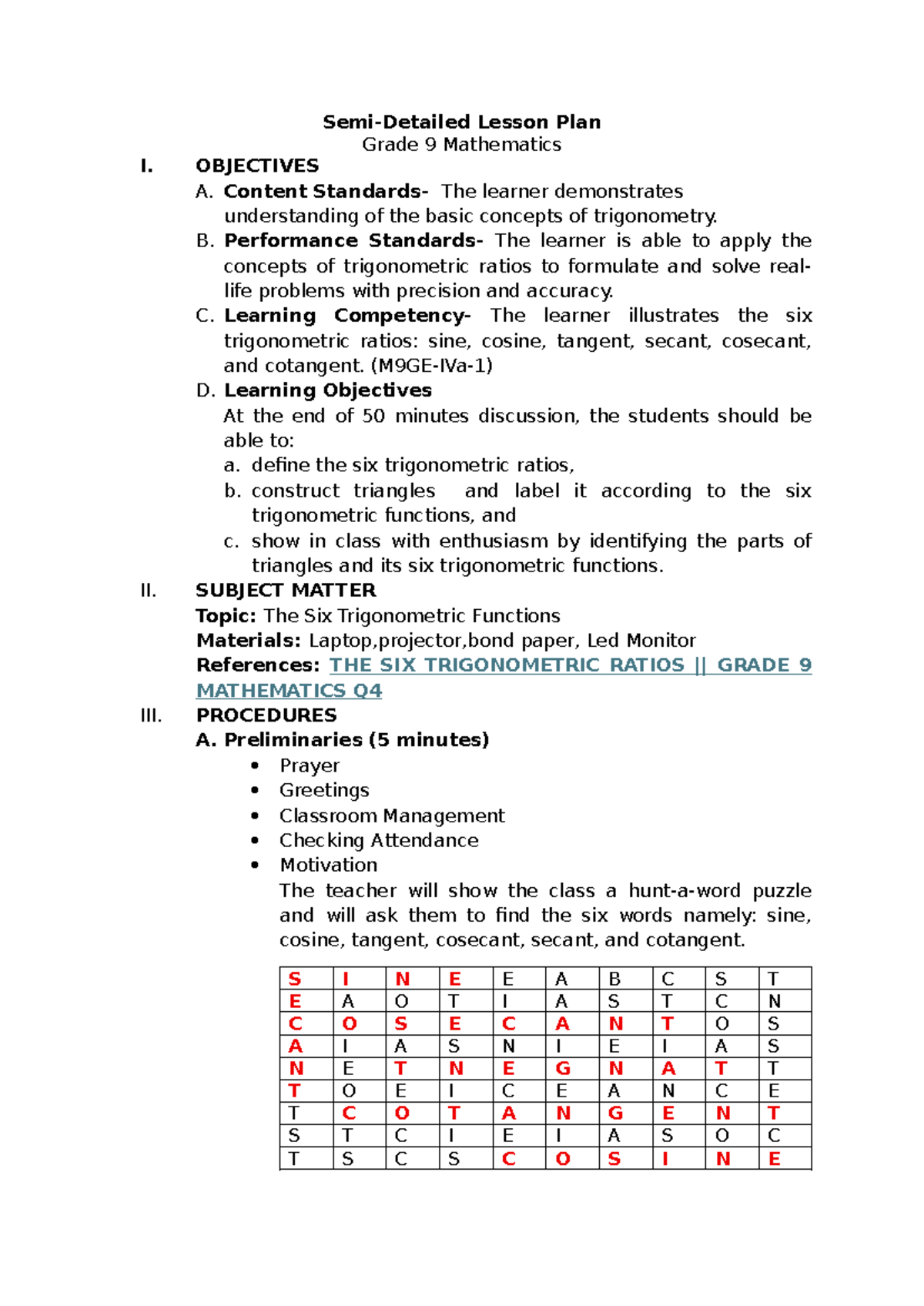 Grade 9 Math Q4 Lesson Plan: Understanding Trigonometric Functions ...