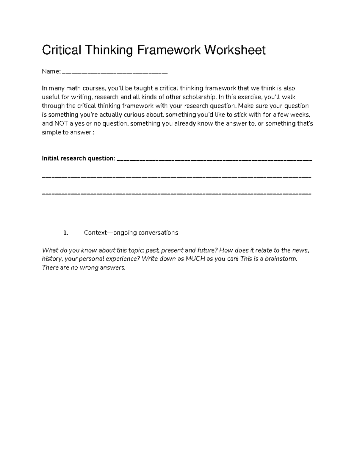 Critical Thinking Framework Worksheet: Exploring Research Questions ...