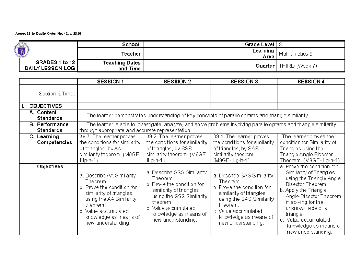 DLL-7th Week 36-40: Grade 9 Math Lesson Log for Quarter 3 - Studocu